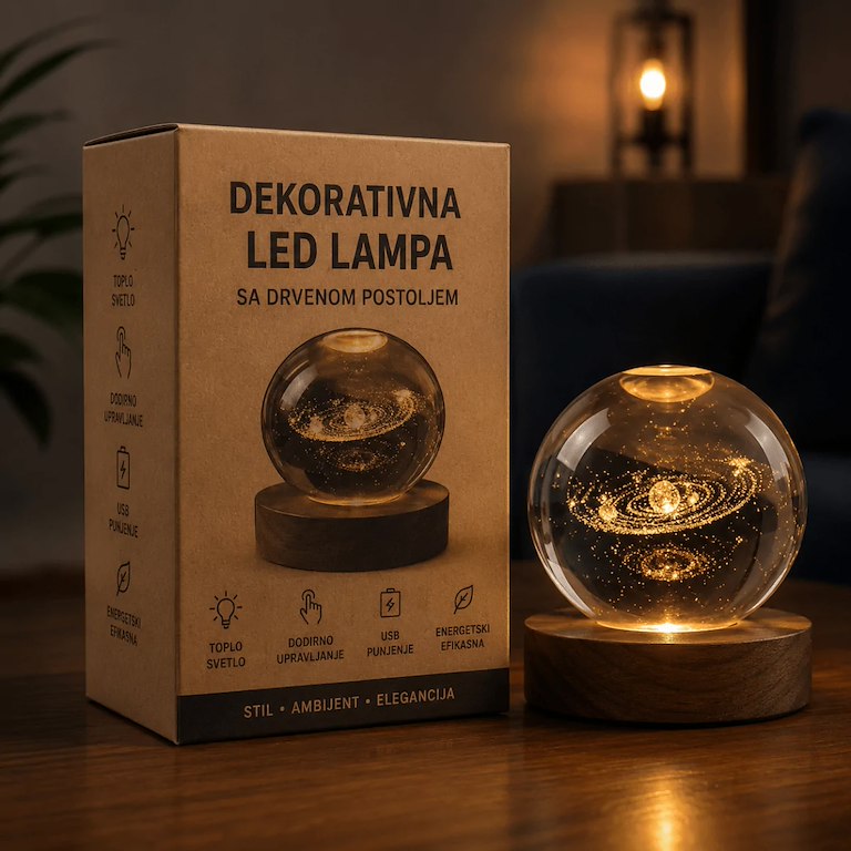 3D galaksija lampa – kristalna kugla sa LED postoljem