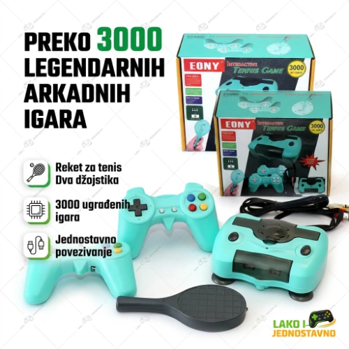 Retro konzola sa dva džojstika i reketom za tenis 3000 igara