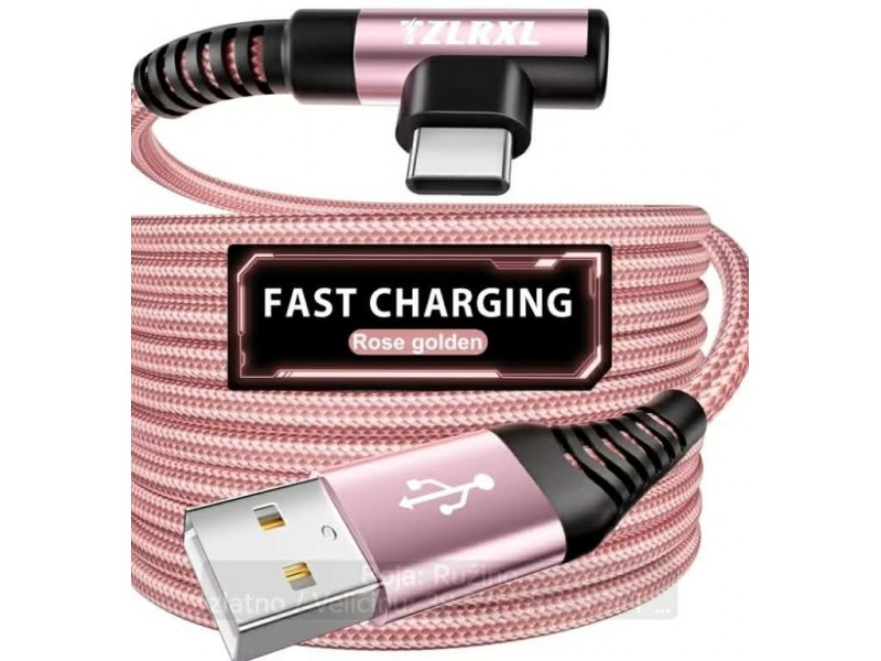 Ugaoni Brzi USB na Type-C Kabl 1m - Roze Zlatni