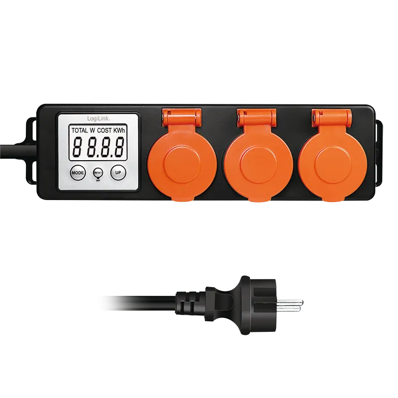 Logilink produžni kabl outdoor 3 mesta, LCD displej potrošnje, 1.4m, IP44, crna
