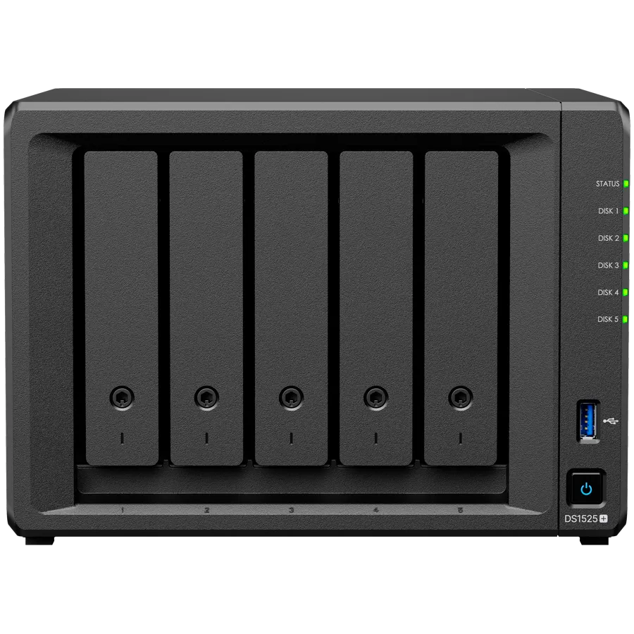 Synology DiskStation DS1525+ Tower, 5-Bays 3.5'' SATA HDD/SSD, 2 x M.2 2280 NVMe SSD slot, CPU AMD Ryzen V1500B 4-core 2.2 GHz, 8 GB DDR4 ECC SODIMM, 2x RJ-45 2.5 GbE LAN Port; 2x USB 3.2; 1 xUSB ...