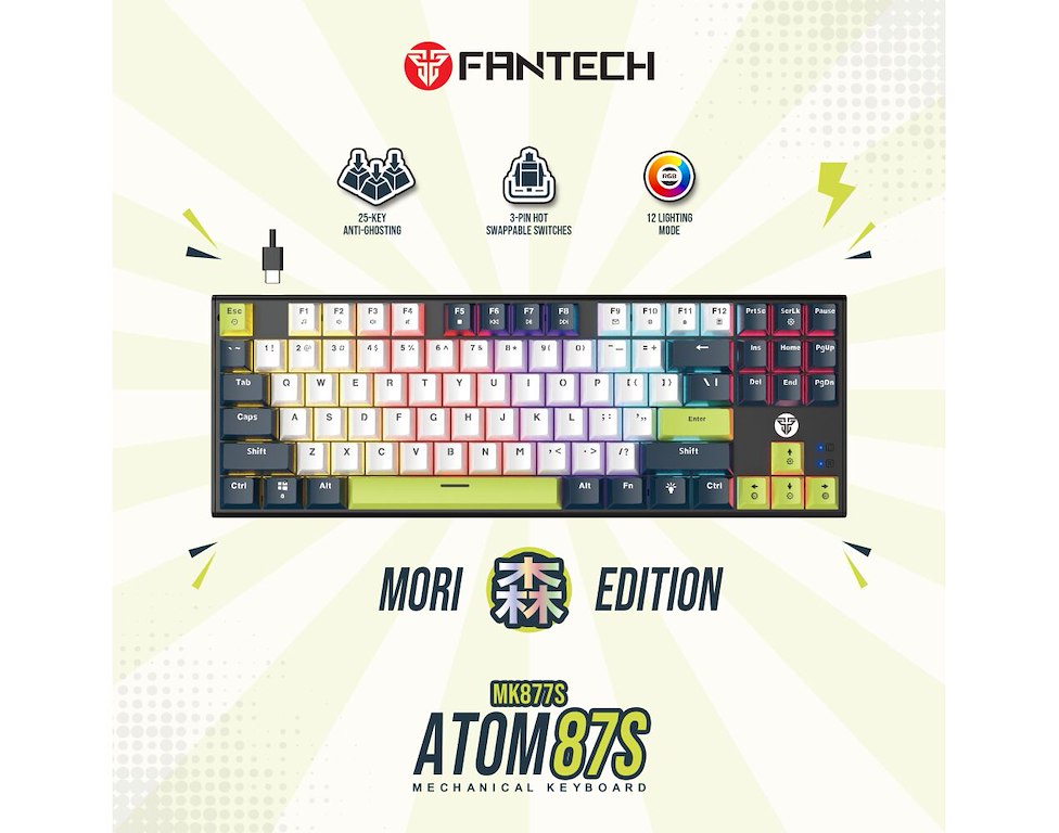 Tastatura Mehanicka Gaming Fantech MK877S RGB Atom 87S Mori bela (taro switch)