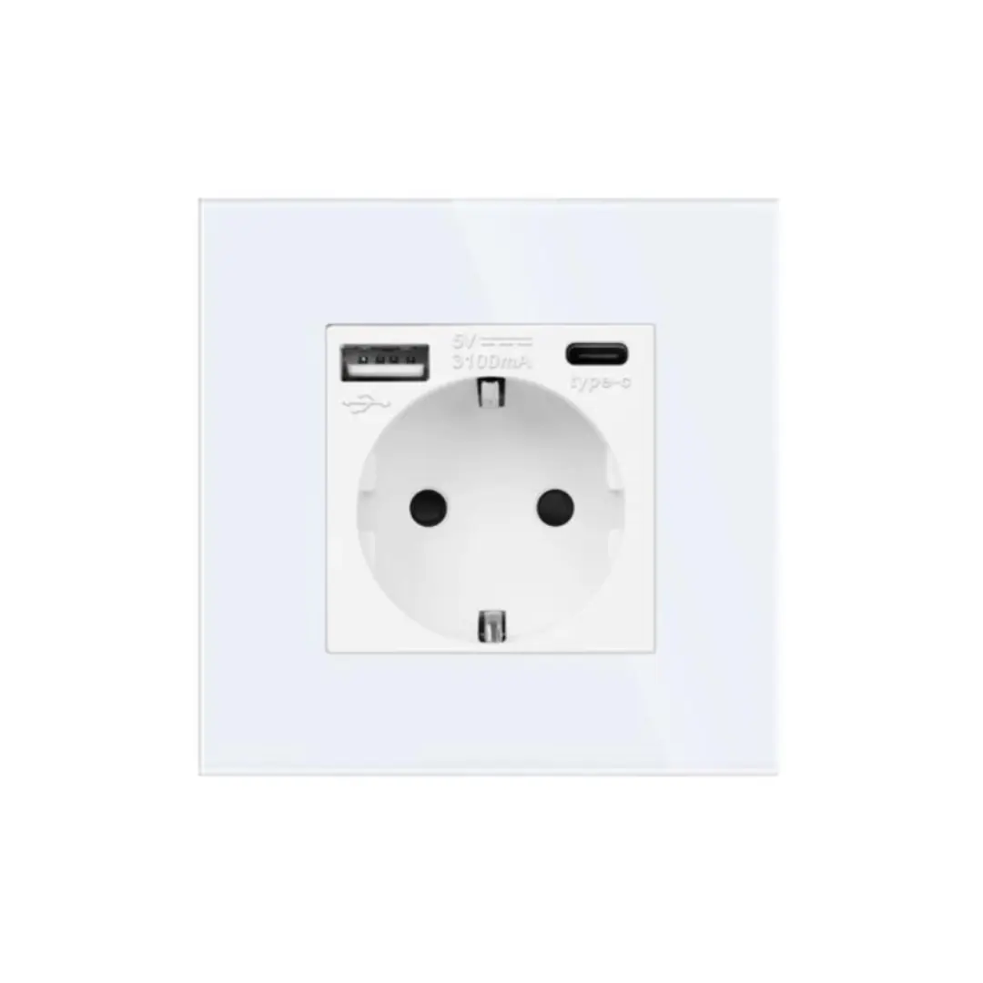 BingoElec Utičnica sa staklenim panelom i USB-A/USB-C priključcima 20 W, Bela