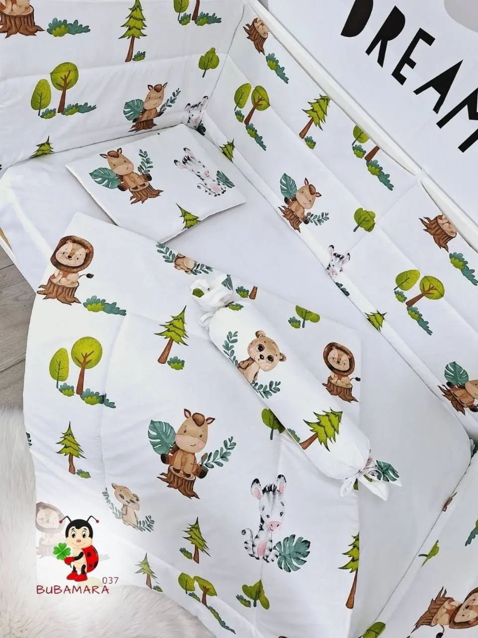 Bubamara037 Set za krevetac sa ravnom ogradicom, 120x60cm, Šareni