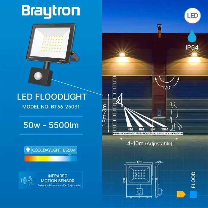 LED reflektor FC 50W crni 6500K IP54 sa senzorom