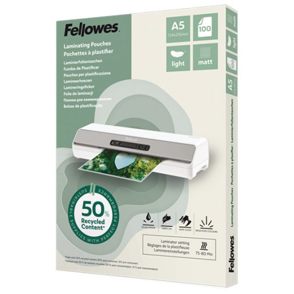 FELLOWES Folija za plastificiranje 80my A5 mat 50% reciklirani materijal pk100 100143437