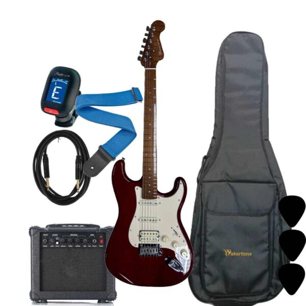 WAKERTONE VK77-DCT 15W Električni gitarski paket sa Vaker VG15 pojačalom i kompletnom opremom – Dark Cherry Transparent