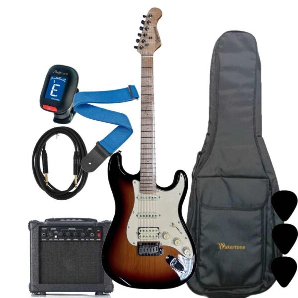 Wakertone VK77-SB 15W Električni gitarski paket sa Vaker VG15 pojačalom i kompletnom opremom – Sunburst