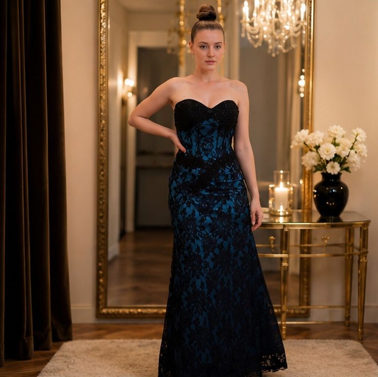 Elegantna večernja haljina bez bretela u sirena kroju. Osnova je