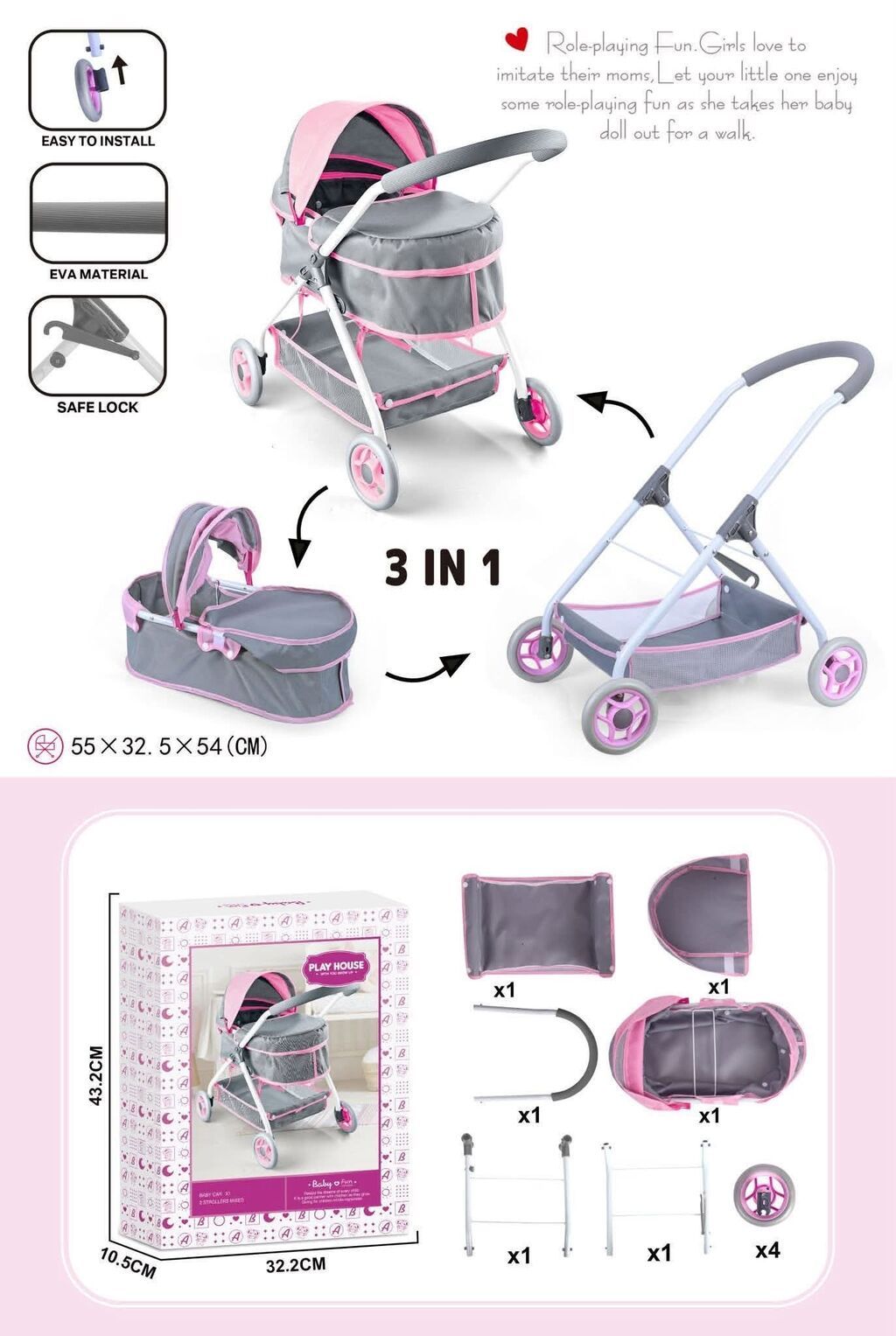 Kolica za lutke 3 u 1 – Play House set - Multifunkcionalni set za