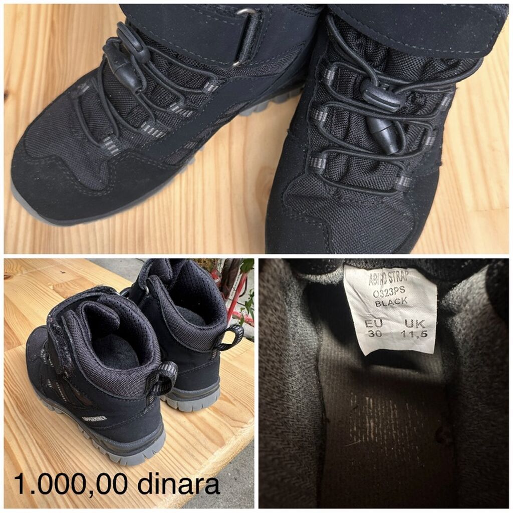 Dečija obuća – više modela i brojeva 1) Crne zimske/treking patike -