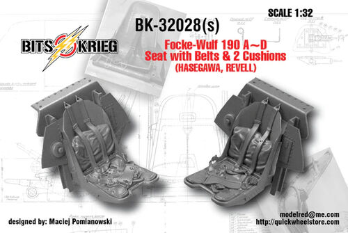 NEW! Bitskrieg 32028 Focke Wulf Fw-190 A-D - Seat with Belts & 2 Cushion (for Hasegawa and Revell Kits)