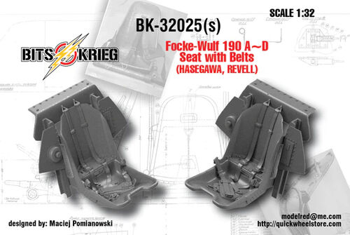 NEW! Bitskrieg 32025 Focke Wulf Fw-190 A-D - Seat with Belts (for Hasegawa and Revell Kits)