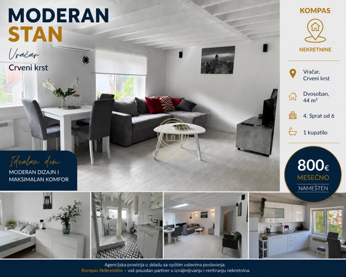 Izdavanje, dvosoban stan, 44m², Vračar Sve Podlokacije, Beograd