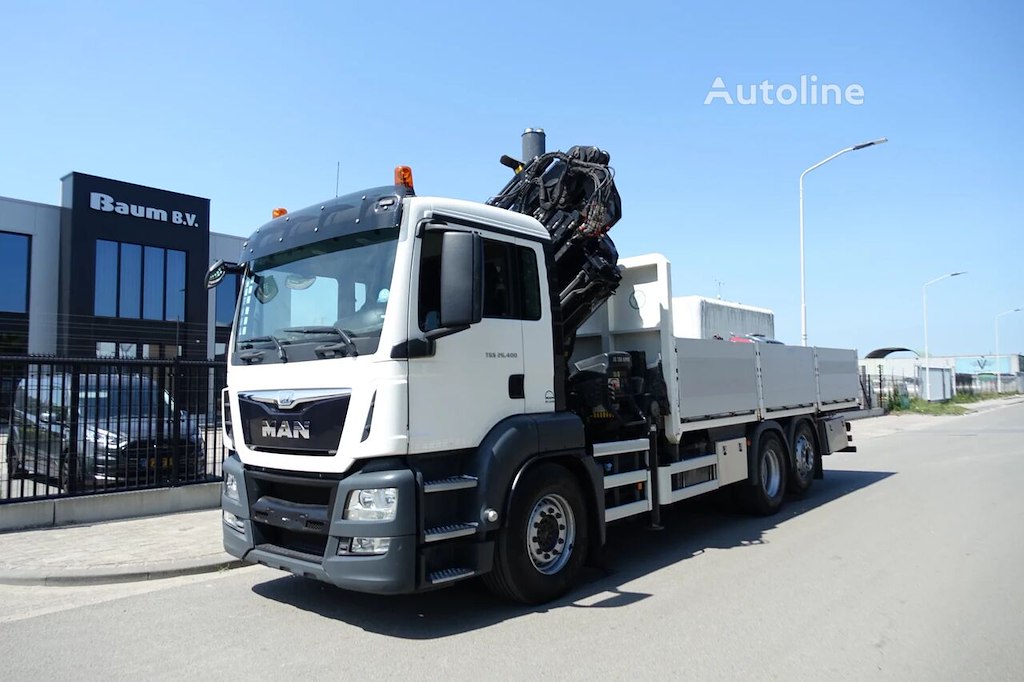 MAN TGS 26.400 6X2 / HIAB 288 E-5 HIPRO + FLY JIB 70X-4 KRAAN / 28,8 kamion s ravnom platformom