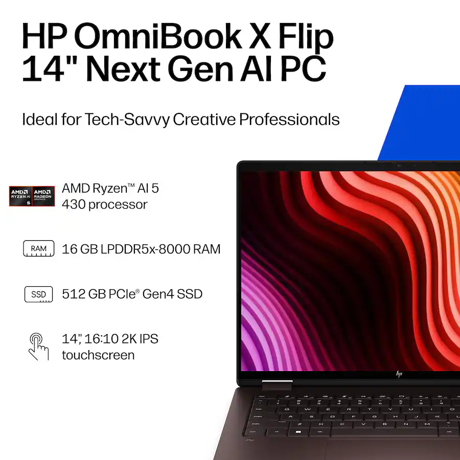 HP - OMNIBOOK X FLIP 2-IN-1 - 14" 2K TOUCHSCREEN LAPTOP - AMD RYZEN AI 5 430 ('26) - 16GB MEMORY - 512GB SSD - COPILOT+ - DEEP ESPRESSO