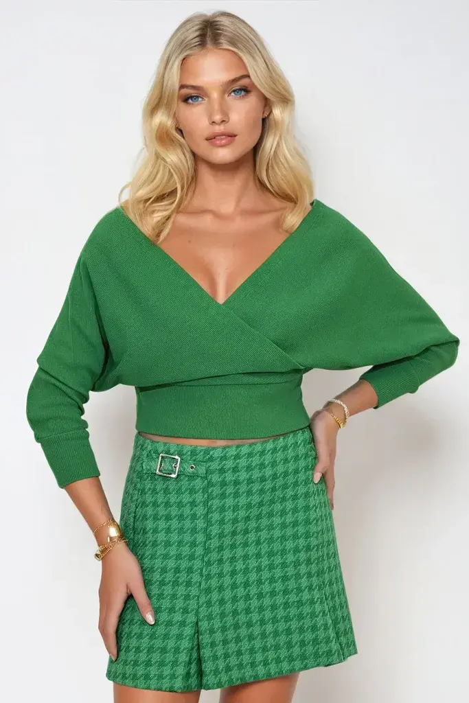 Trend Alacati Stili Ženska bluza dugih rukava ALC-019-053-BLZ, V-izrez, Zelena