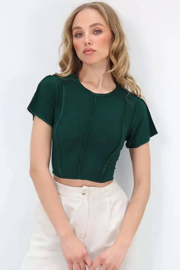 Trend Alacati Stili Ženska bluza kratkih rukaa Alc-X11782, Okrugli izrez, Zelena