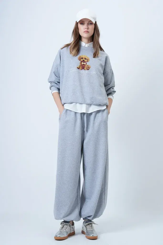 Trend Alacati Stili Ženske oversajz džoger trenerka pantalone u sivoj melanž boji Alc-X14610, Sivi melanž / Siva