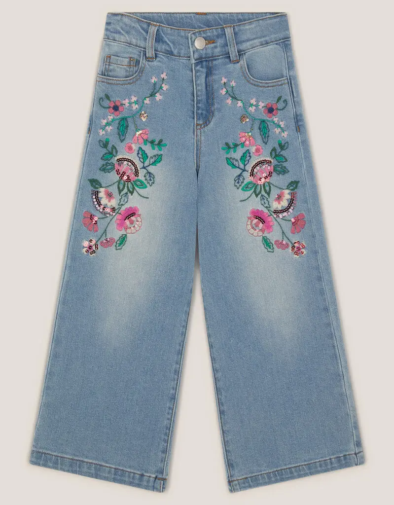 Monsoon Children Farmerke za devojčice Sequin Floral, Široke nogavice, Plave