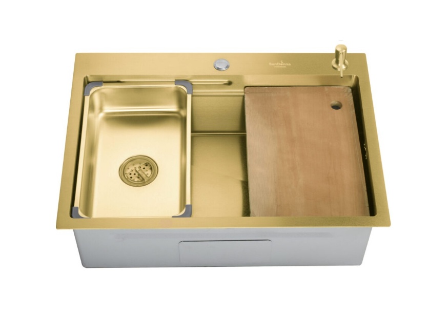 SANDONNA HD7050R INOX ZLATNA + DOZER ZA DETERDŽENT ZLATNI + KORPICA ZLATNA + DASKA ZA REZANJE