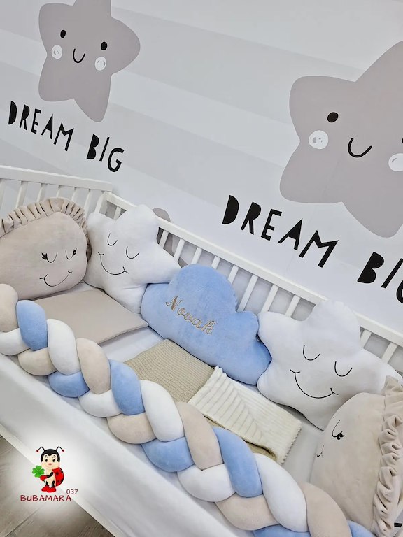 Bubamara037 Set za krevetac sa ogradicom od pletenica, sa lastišom, Krem-Beli