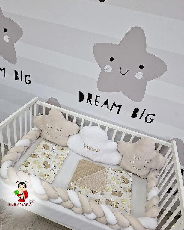 Bubamara037 Set za krevetac sa ogradicom od pletenica, bez lastiša, Krem-Beli