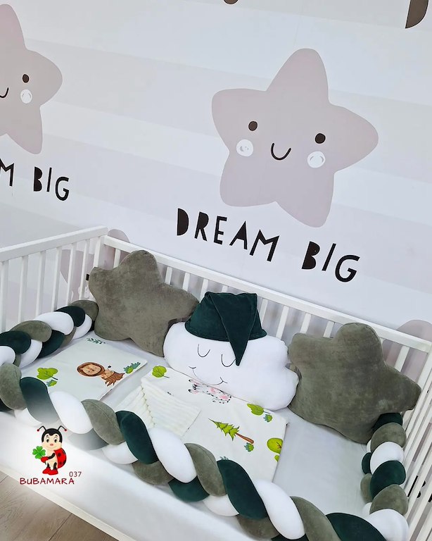 Bubamara037 Set za krevetac sa ogradicom od pletenica, sa lastišom, Sivo-Beli