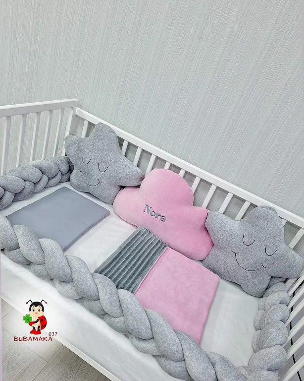 Bubamara037 Set za krevetac sa ogradicom od pletenica, bez lastiša, Sivo-Roze