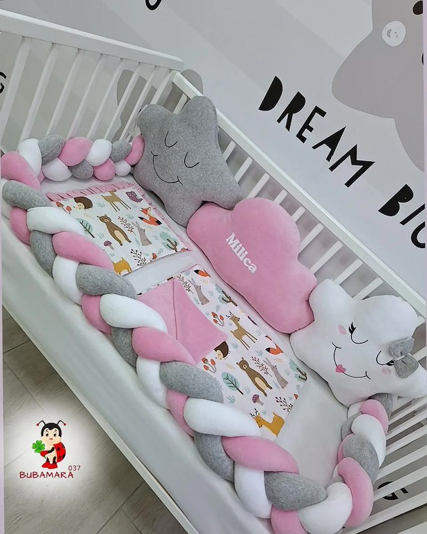 Bubamara037 Set za krevetac sa ogradicom od pletenica, sa lastišom, Roze-Beli