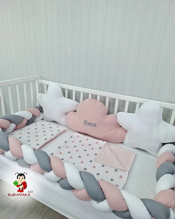 Bubamara037 Set za krevetac sa ogradicom od pletenica, sa lastišom, Belo-Roze