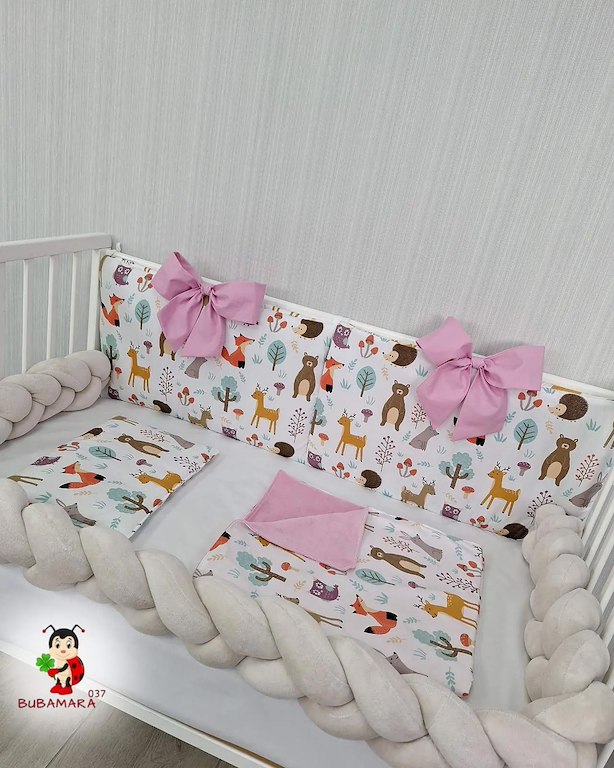 Bubamara037 Set za krevetac sa ogradicom od pletenica, sa lastišom, Bež-Beli