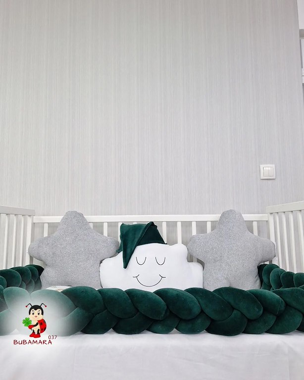 Bubamara037 Set za krevetac sa ogradicom od pletenica, sa lastišom, Sivo-Beli