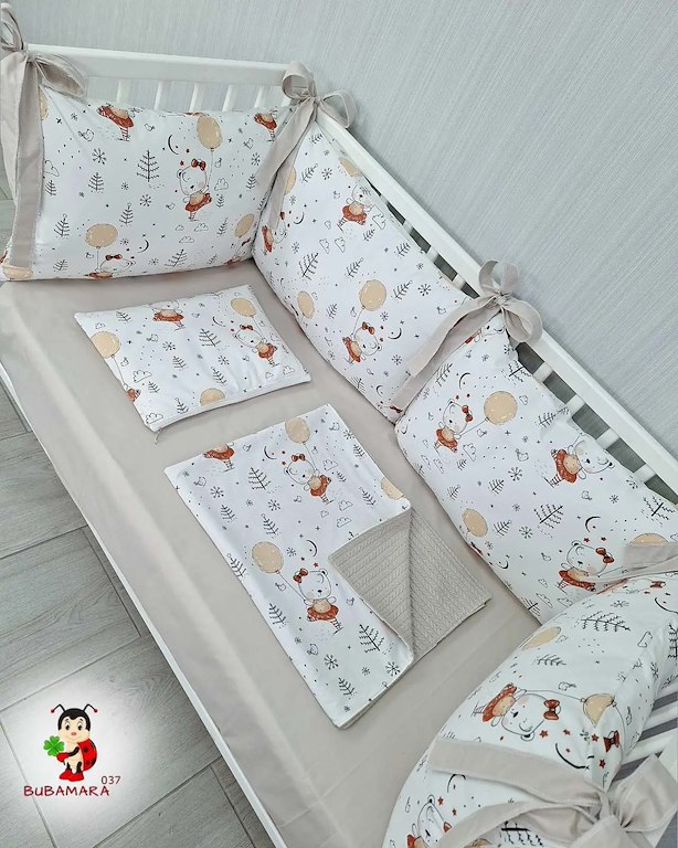 Bubamara037 Set za krevetac sa ogradicom od jastuka, bez lastiša, Belo-Bež