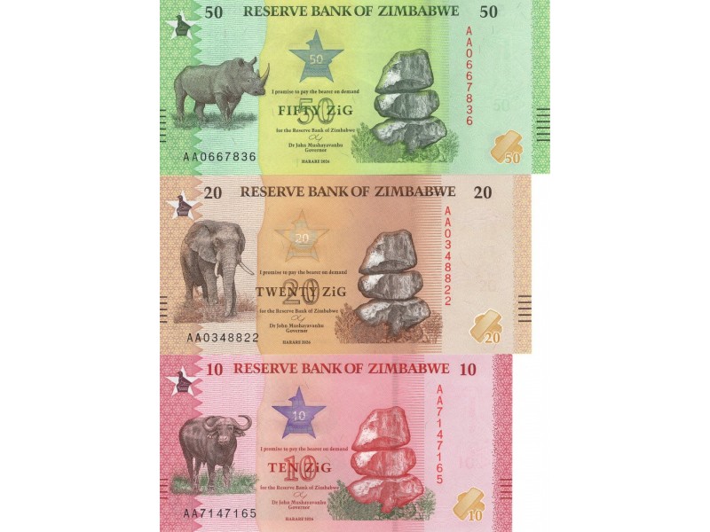 Zimbabwe lot 10, 20 i 50 Zig 2026 UNC, P-new
