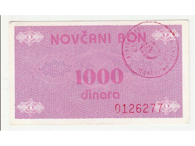 1 000 Dinara - Novčani bon - 1992 - Bosna i Hercegovina