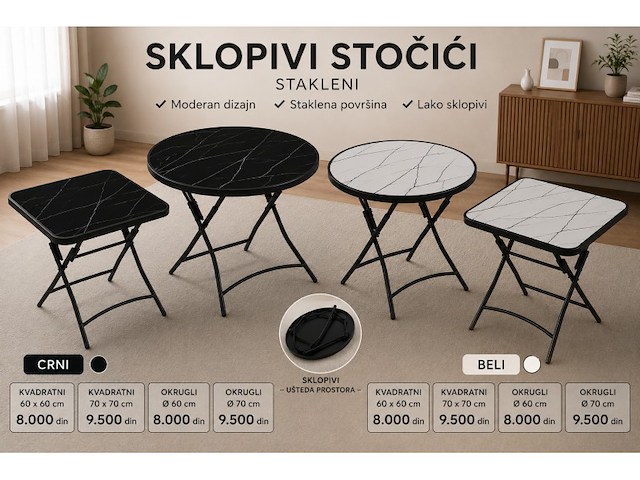 Sklopivi STAKLENI stolovi 60 i 70 cm