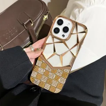 IPHONE 16 PRO MAX RHINESTONE GEOMETRIC DIAMOND PATTERN CASE - GOLD