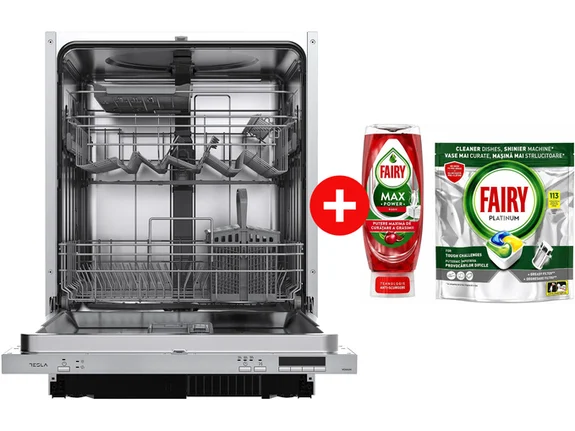 Tesla Ugradna mašina za pranje sudova WDI662M + Fairy Kapsule za pranje sudova Platinum 113 kom + Fairy Tečni deterdžent Max power Pomegranate 545ml