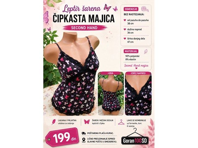 Romantična crna majica sa motivom leptira i nežnim čipk