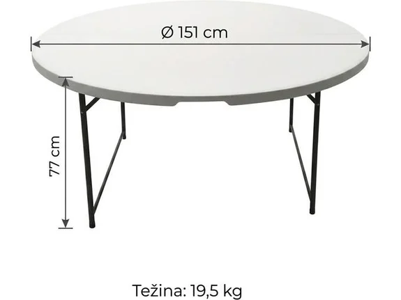 Okrugli sklopivi sto, 151 cm, visina 77 cm, Za 10 osoba