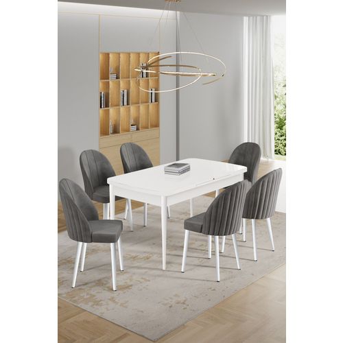 Enya - White, Grey White Grey Extendable Dining Table & Chairs Set (7 Pieces)