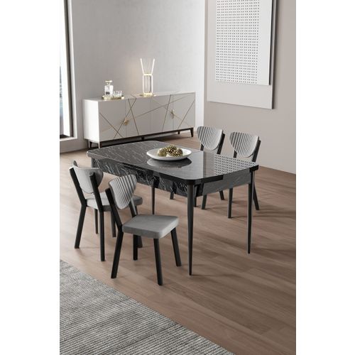 Exve - Black Marble, Grey Black Marble Grey Extendable Dining Table & Chairs Set (5 Pieces)