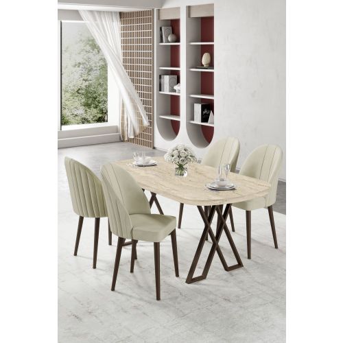 Kaye - Travertine, Cream Travertine Cream Dining Table & Chairs Set (5 Pieces)