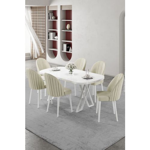 Kaye - White, Cream White Cream Dining Table & Chairs Set (7 Pieces)