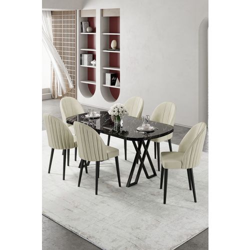 Kaye - Black Marble, Cream Black Marble Cream Dining Table & Chairs Set (7 Pieces)