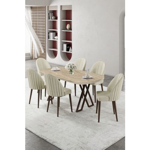 Kaye - Travertine, Cream Travertine Cream Dining Table & Chairs Set (7 Pieces)