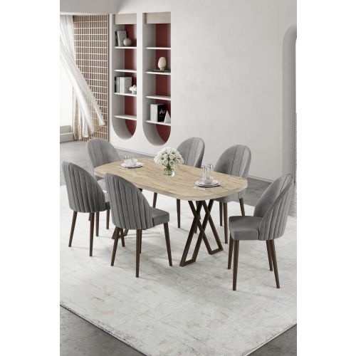 Kaye - Travertine, Grey Travertine Grey Dining Table & Chairs Set (7 Pieces)