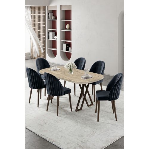Kaye - Travertine, Anthracite Travertine Anthracite Dining Table & Chairs Set (7 Pieces)