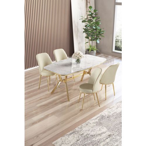 Lena - White Marble, Gold, Cream White Marble Gold Cream Dining Table & Chairs Set (5 Pieces)